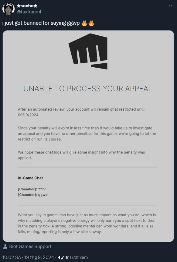 Game thủ VALORANT phẫn nộ vì chat "GGWP" cũng bị khóa tài khoản 1 tuần